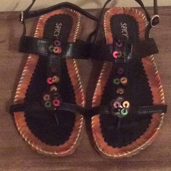 SPICY | Shoes | Spicy Cute Button Black Leather Sandals 9 Nib | Poshmark